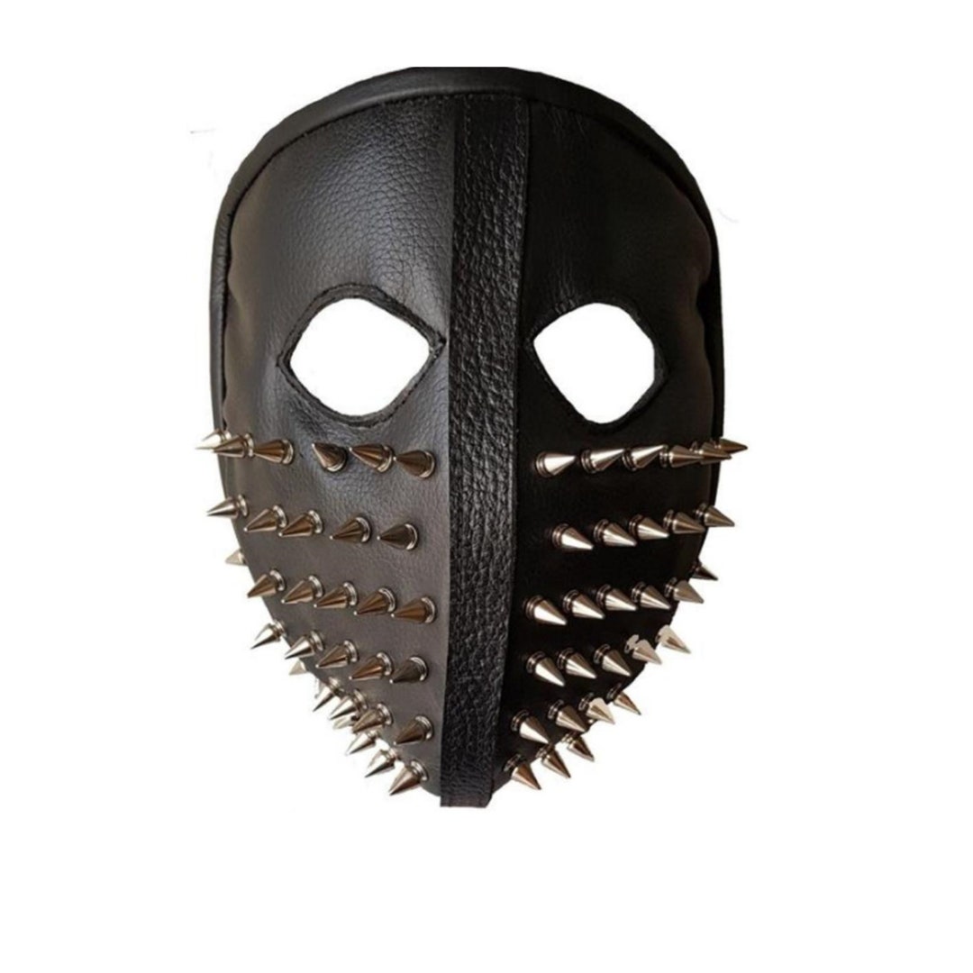 Men Punk Biker Genuine Leather Full Face Spike Mask Masquerade Black ...