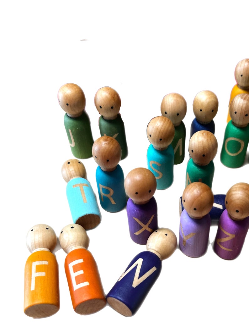Rainbow Alphabet Wooden Peg Doll Set - Montessori Toys - Etsy