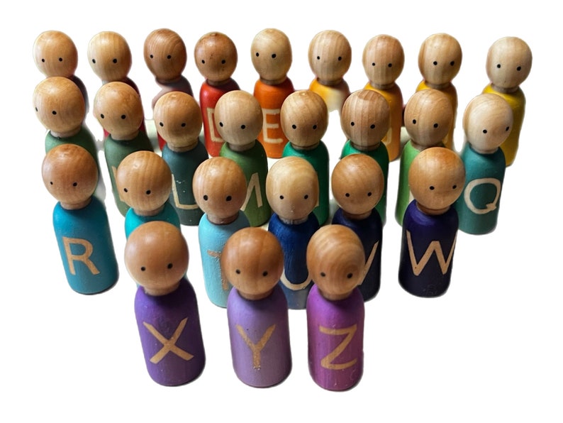 Rainbow Alphabet Wooden Peg Doll Set - Montessori Toys - Etsy