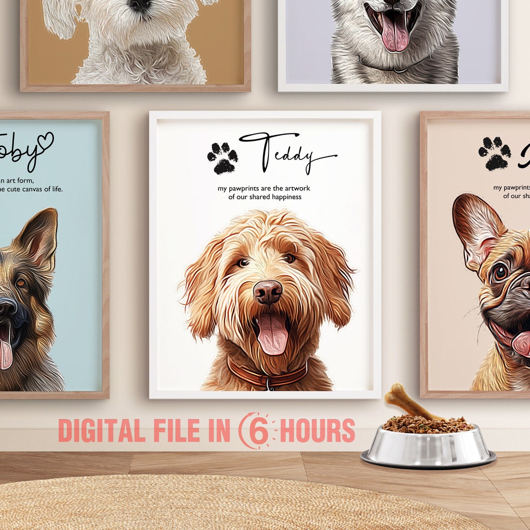 Digital Custom Pet Portrait With Paw Print, Pet Memorial Portrait From ...