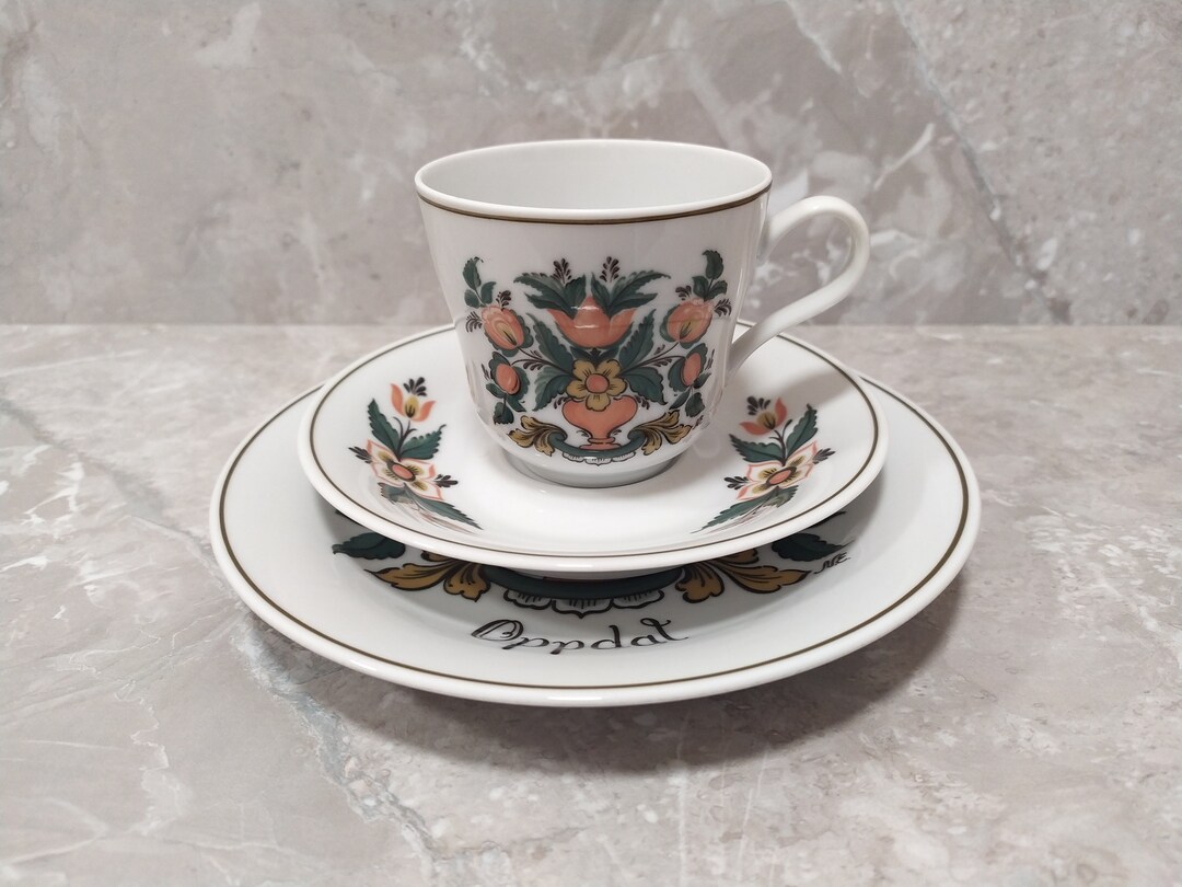 Porsgrund Norway Cup Saucer Plate 3 Piece Set Oppdal Rosemaling Nils ...
