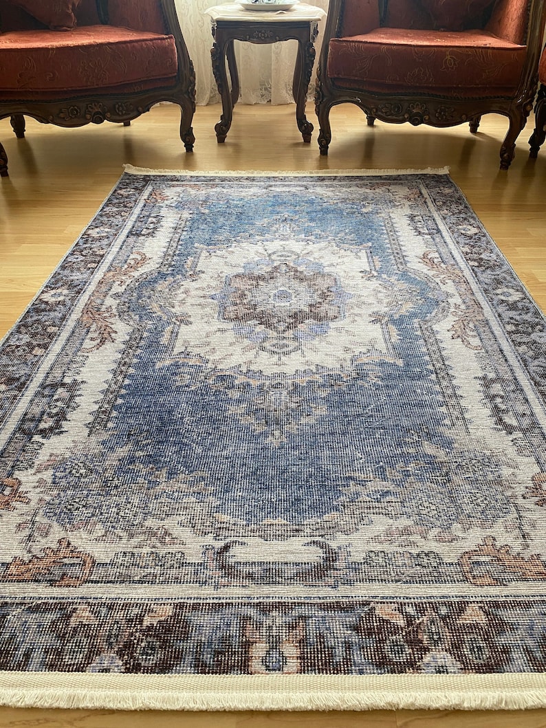 Blue Black Anatolian Area Rug: Vintage Style Oriental Chenille Cotton ...
