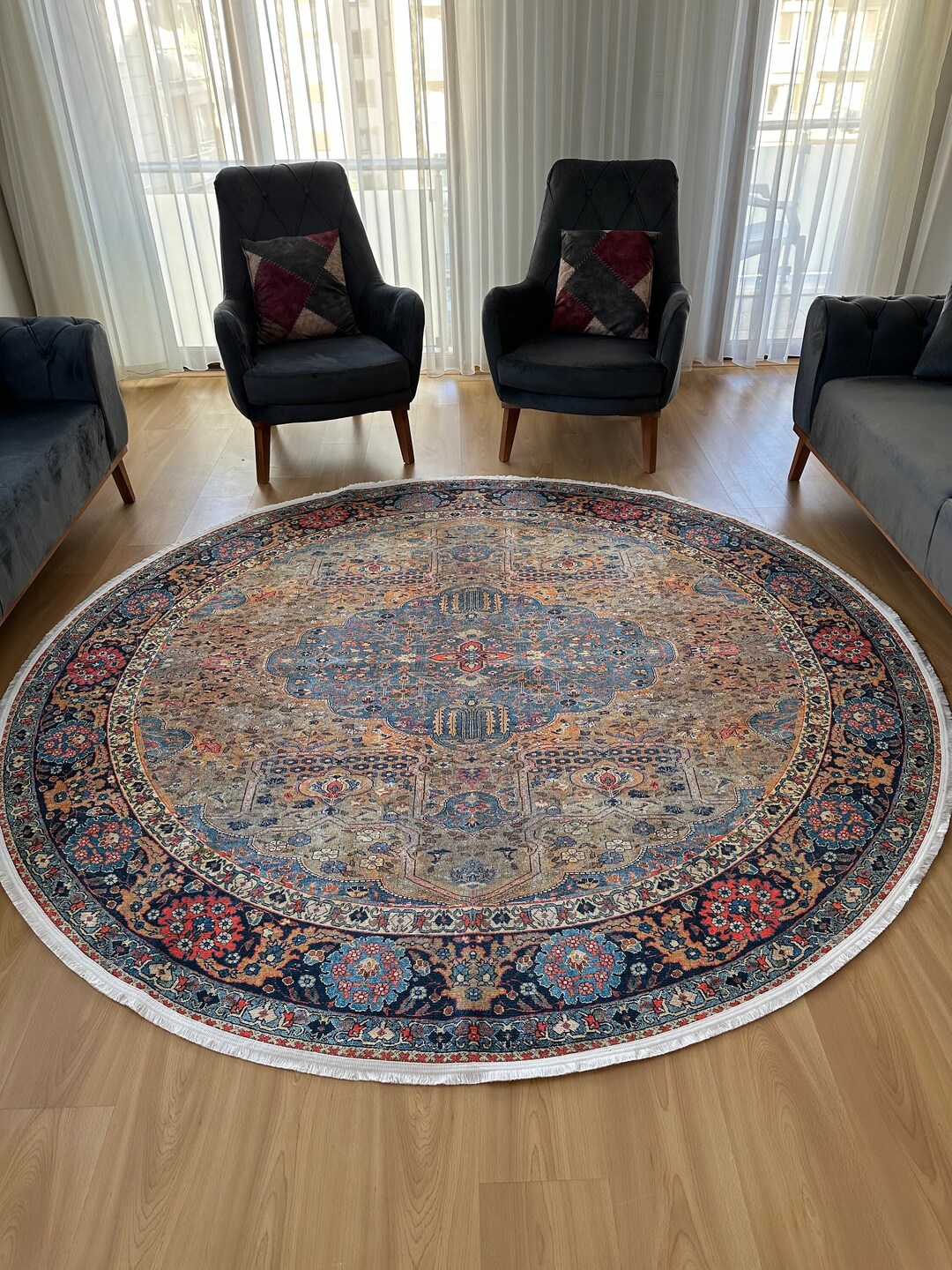 Persian Pattern Rug 8x10, Blue Gold Ethnic Rug 8x10, Heriz Rug ...