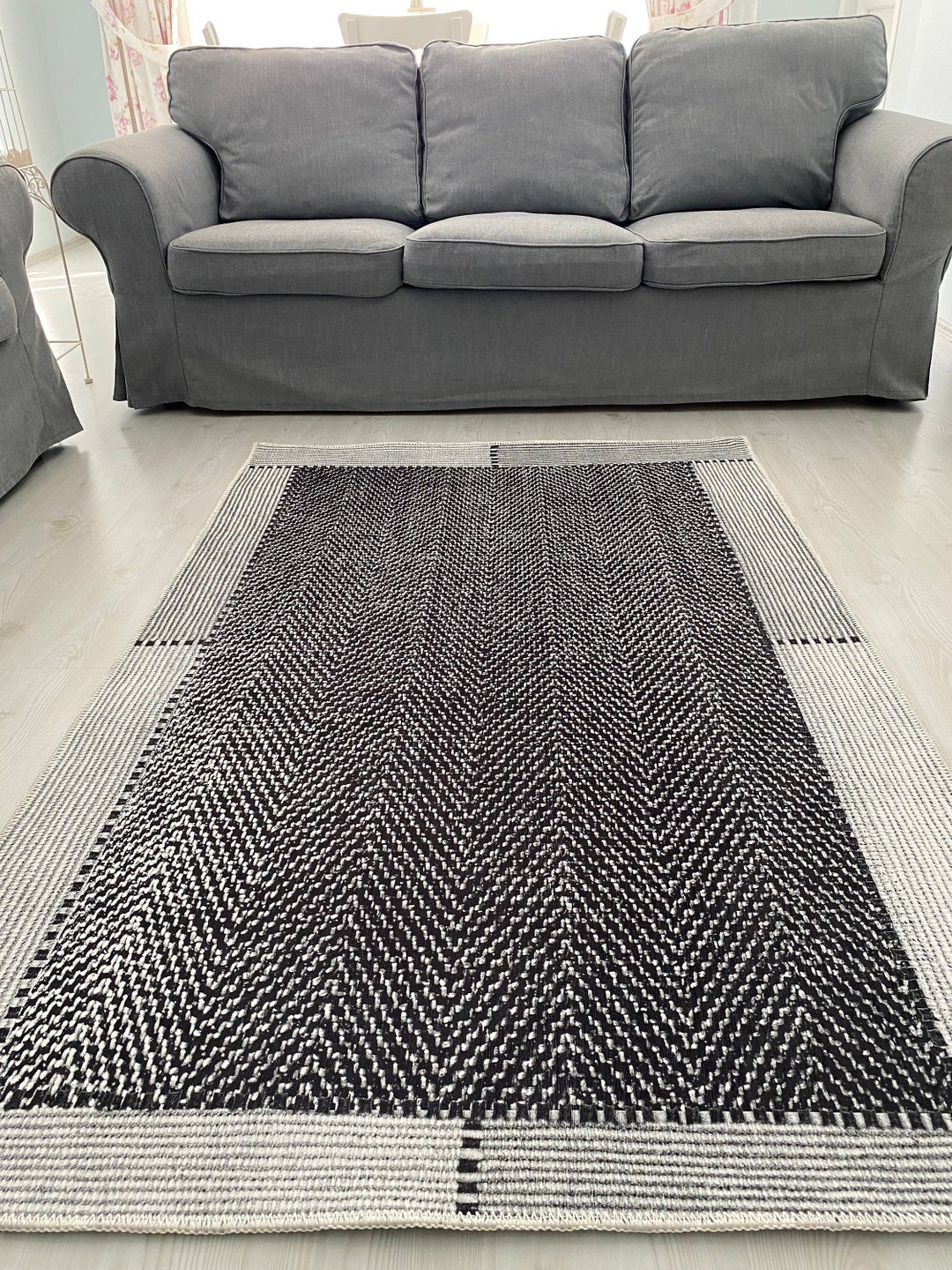 Black Grey Framed Rug, Contemporary Rug, Modern Design Rug, Crochet Rug ...