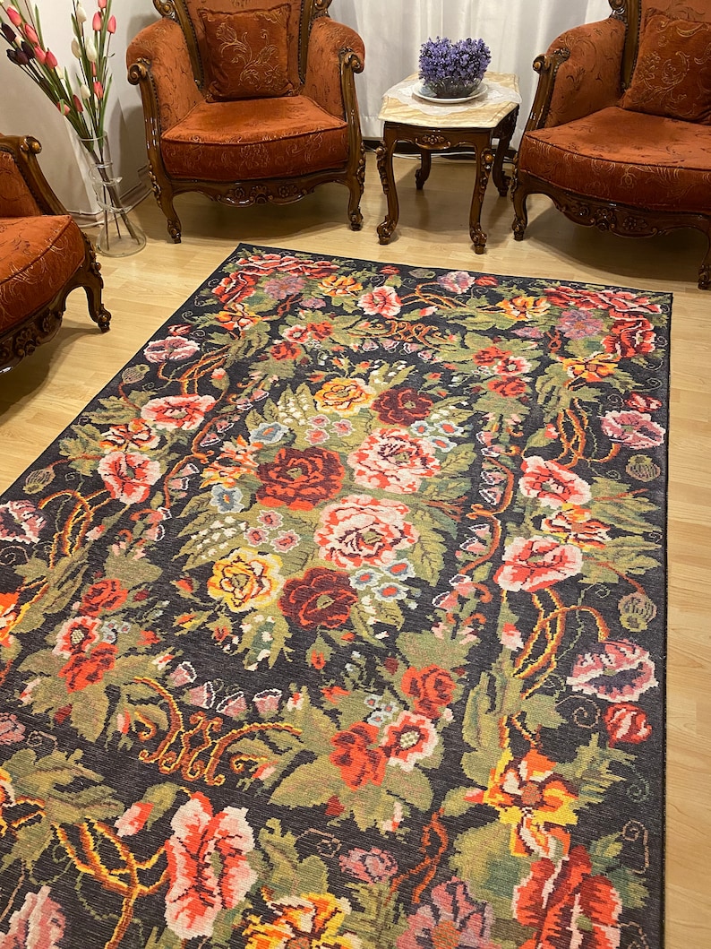 Floral Ethnic Karabakh Patterned Cotton Chenille Rug - Etsy