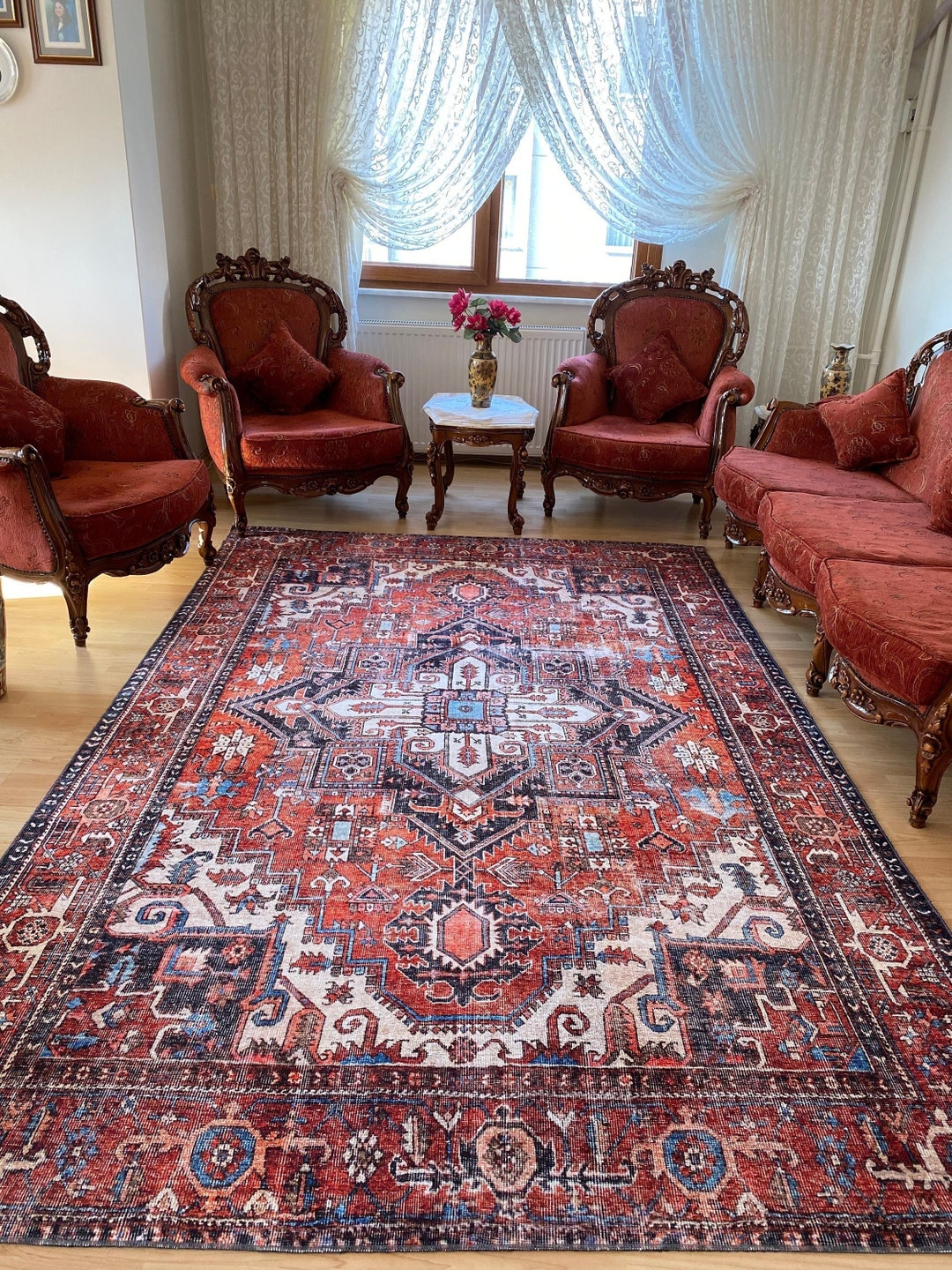 Turkish Oriental Rug 8x10, Vintage Look Medallion Orange Red Rug 10x15 ...