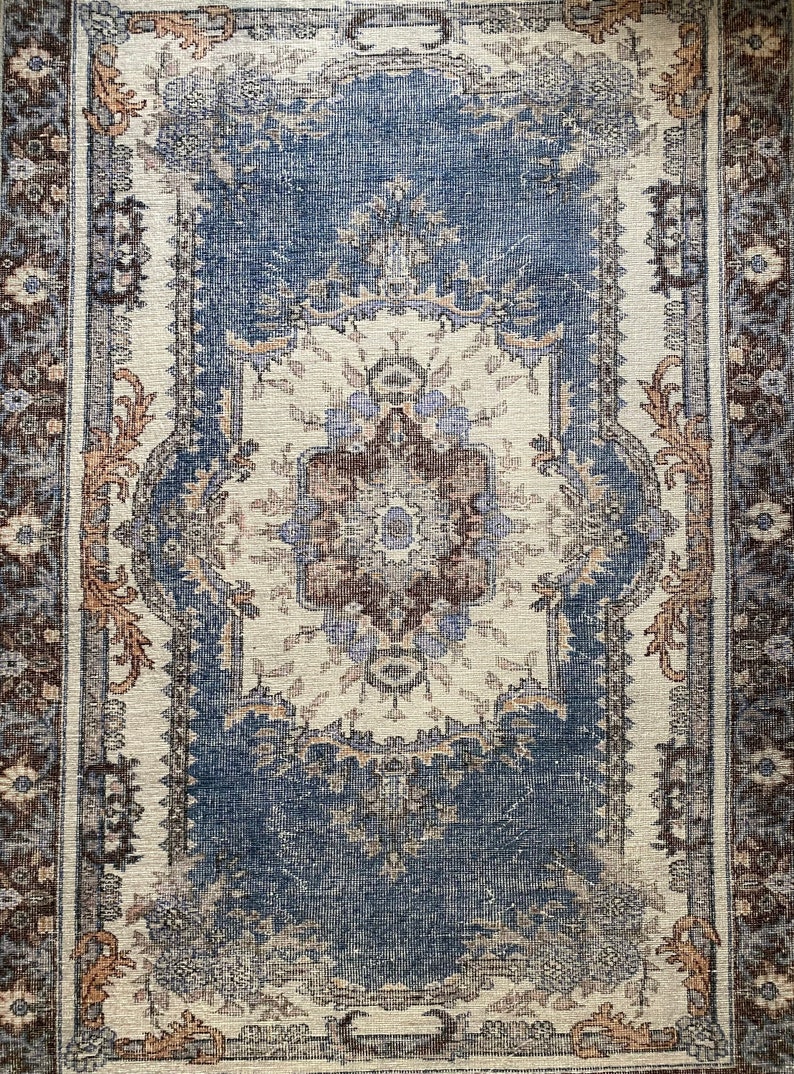 Blue Black Anatolian Area Rug: Vintage Style Oriental Chenille Cotton ...