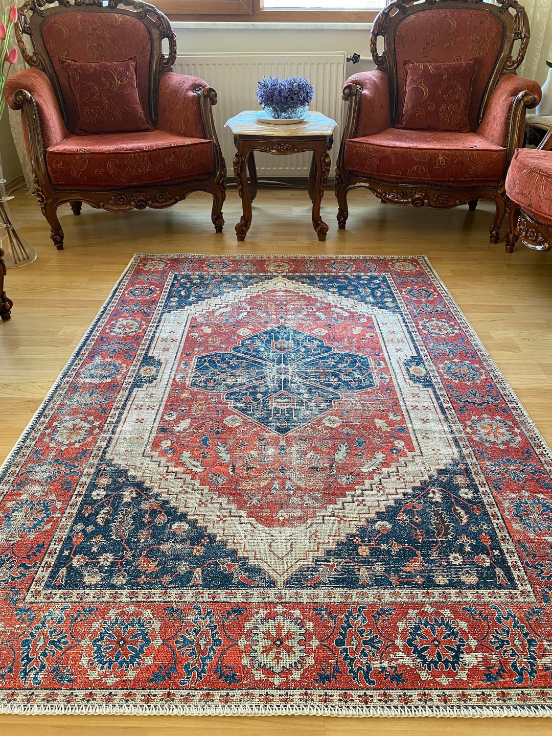 Red Blue Rug 8x10, Vintage Design Rug 8x10, Turkish Rug 8x10, Heriz Rug ...