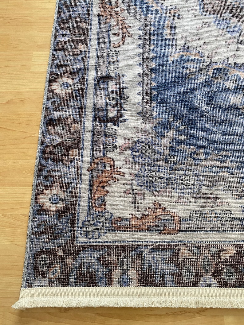 Blue Black Anatolian Area Rug: Vintage Style Oriental Chenille Cotton ...
