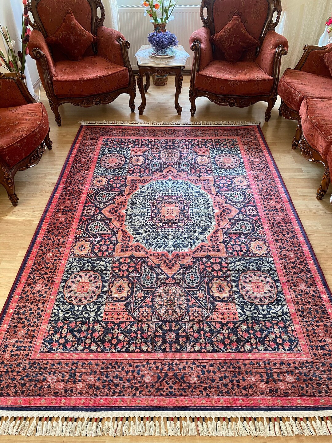 Faded Medallion Fuchsia-sage Green Area Rug, Pet Friendly, Low Pile - Etsy