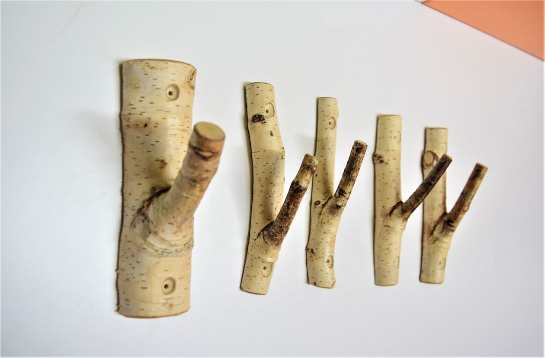 5x Birch Wall Hooks, Tree Branch Hook, Set of 5 Wooden Hangers, Wood ...