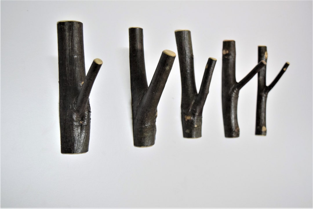 5x Self Adhesive Small Tree Branch Hook, Solid Wood, Set of 5 Wooden ...