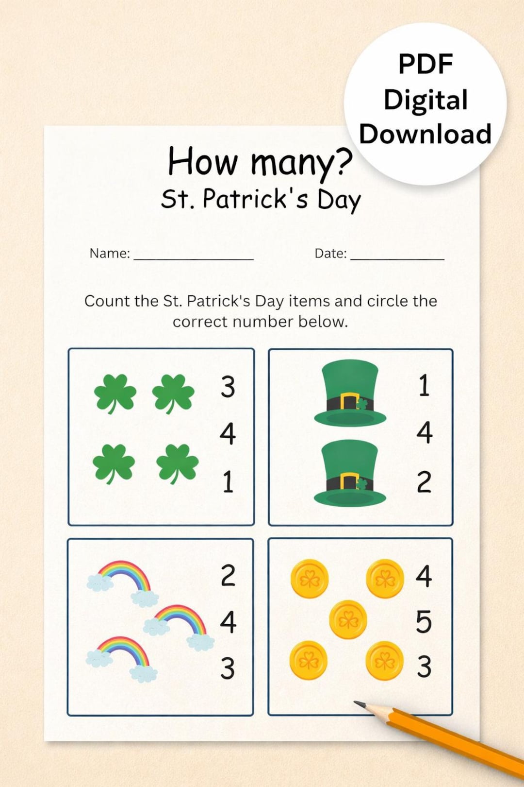 St. Patrick’s Day Counting Worksheet | Kindergarten Math Activity | 1st ...