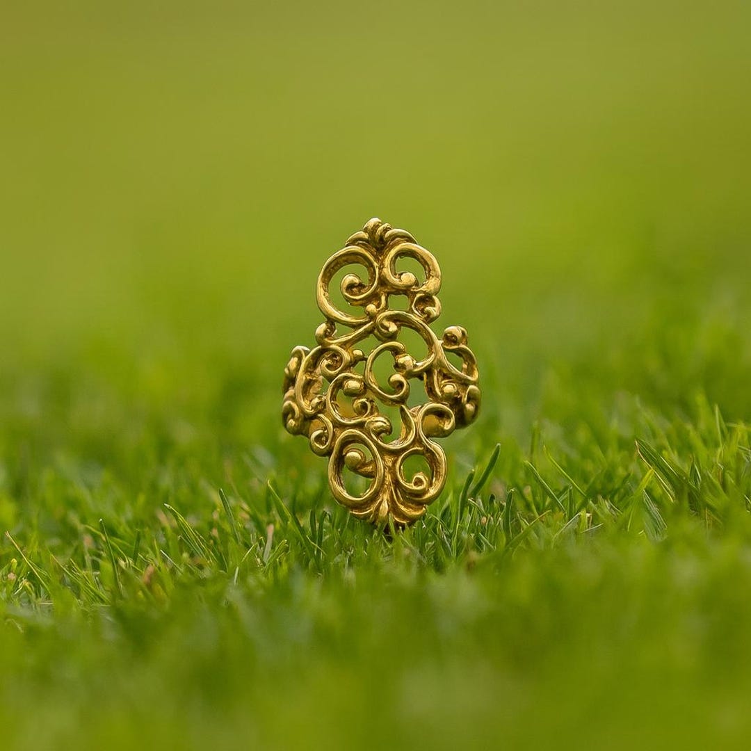 Ornate Filigree Gold Brass Ring, Adjustable Long Statement Ring ...