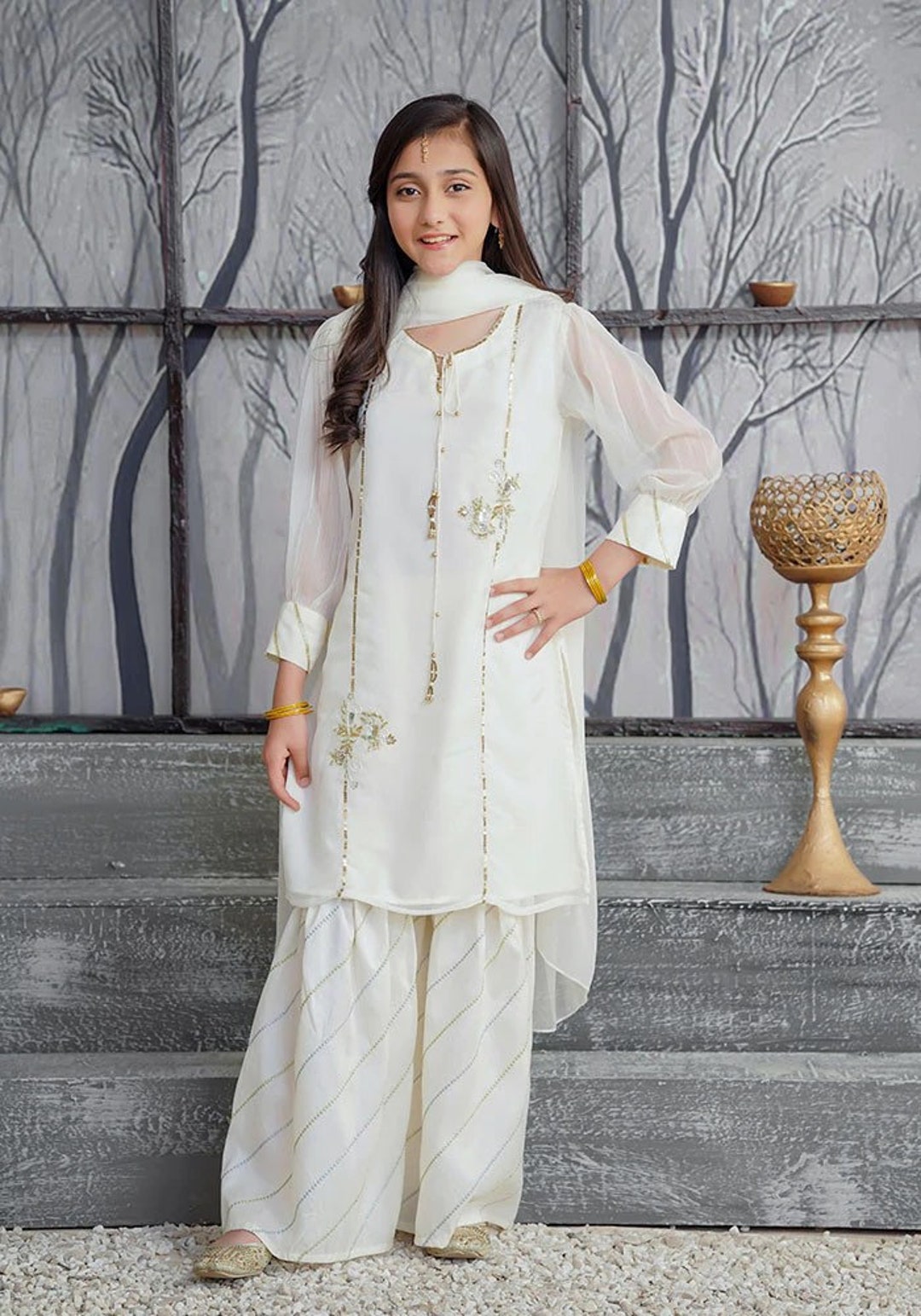 Elegant Ivory White 3-piece Gharara Set Pakistani Indian Girls Size 9 ...