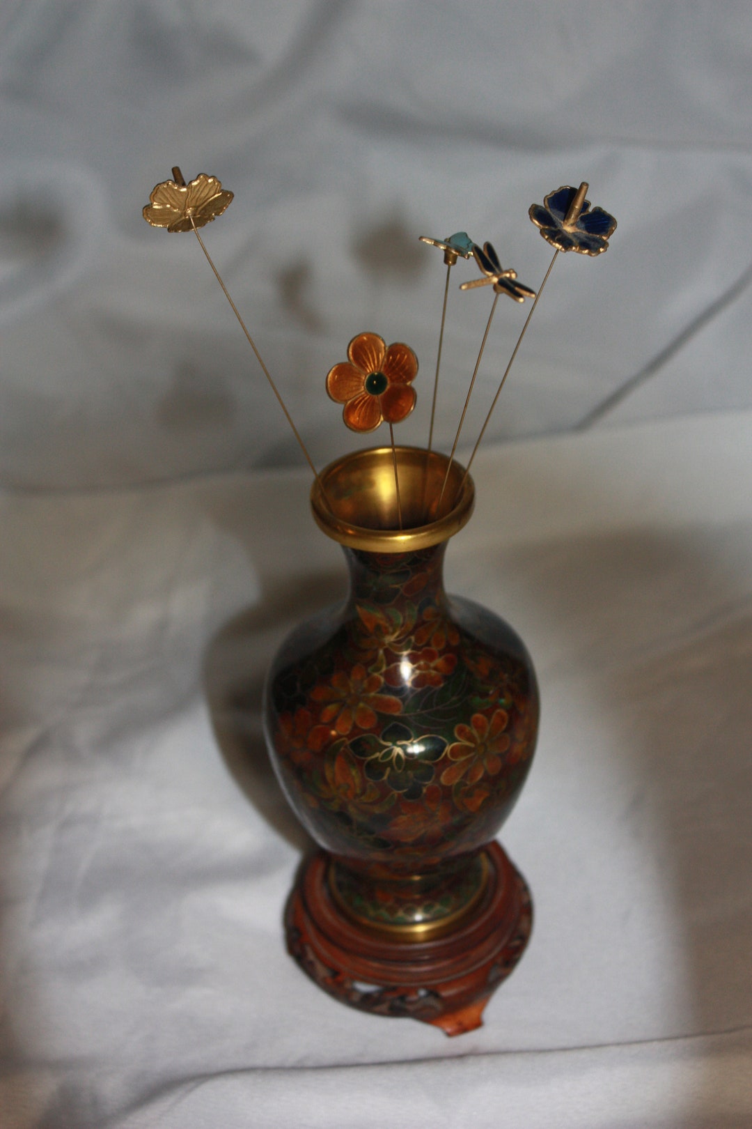 Vintage Cloisonne Vase W/flower Design, Includes 5 Metal/cloisonne ...