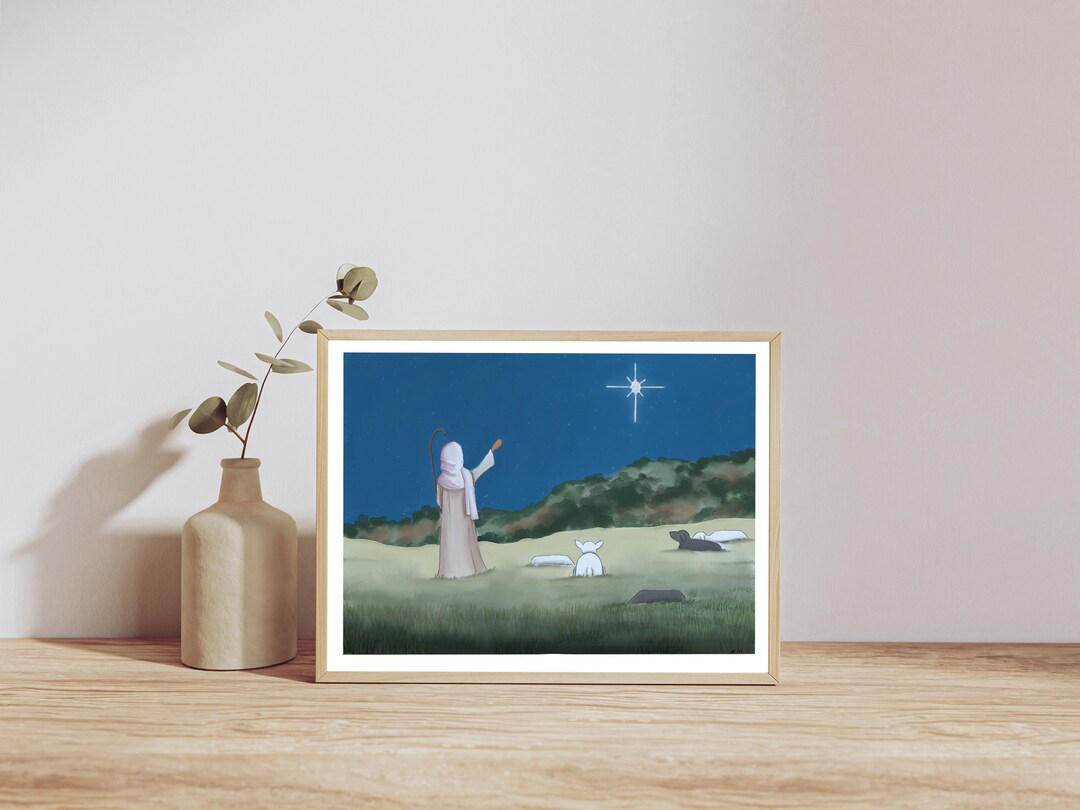 Shepherd Sees the Star | Shepherd and Sheep Print | Christmas Wall Art ...