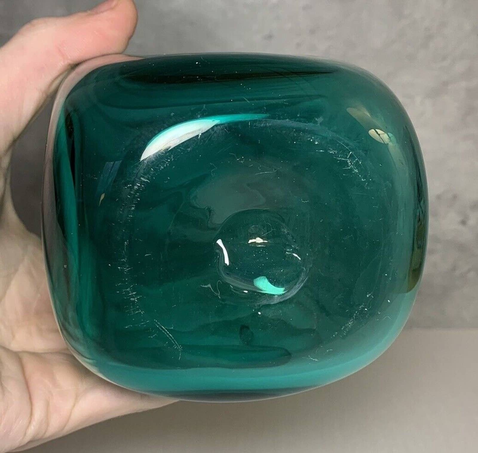 Vintage Blenko Hand Blown Art Glass Folded Paper Bag Vase 8.5 Sea Green ...