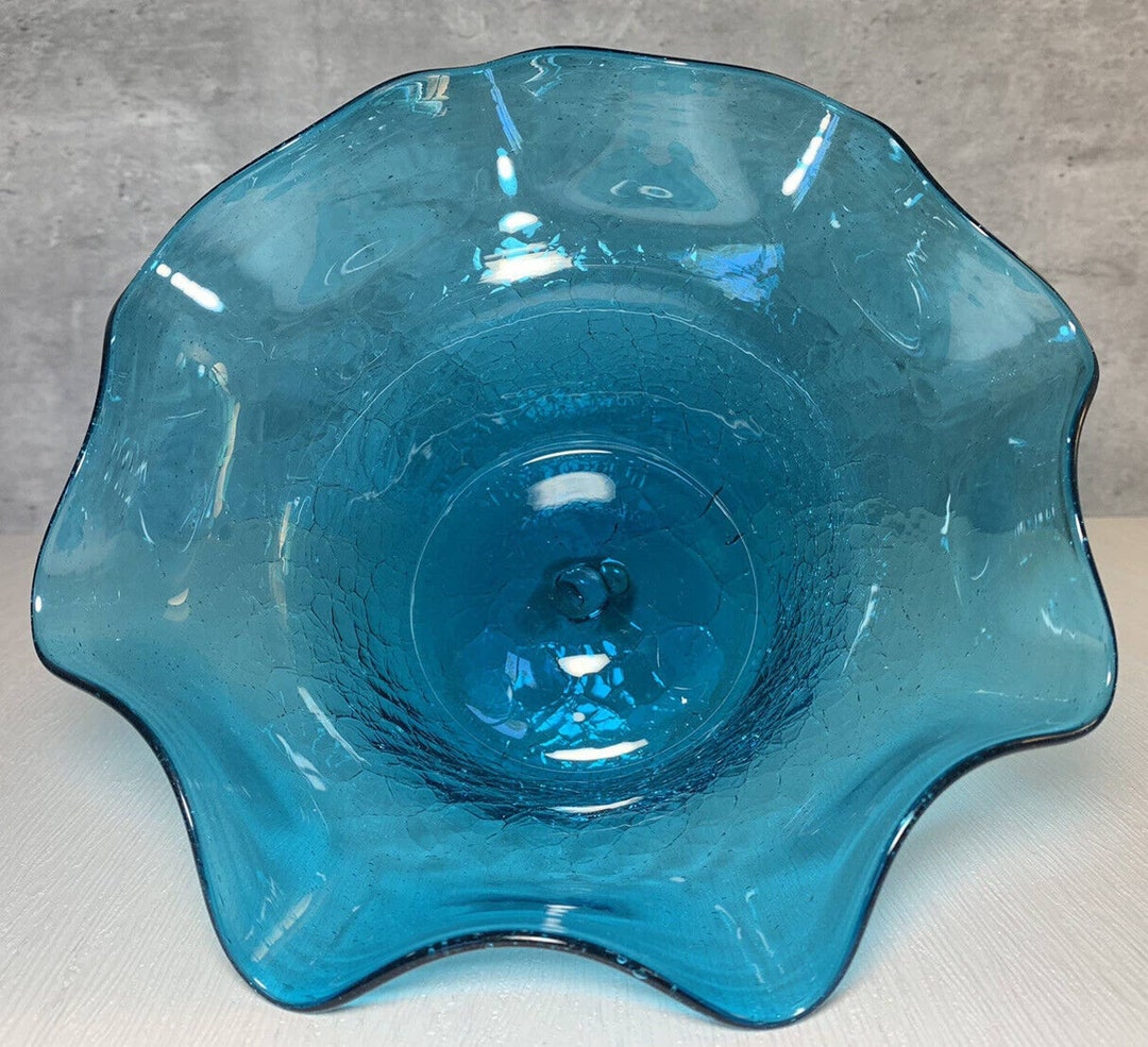 Vintage Blenko Handcraft Art Glass Blue Crackle Glass Ruffled - Etsy