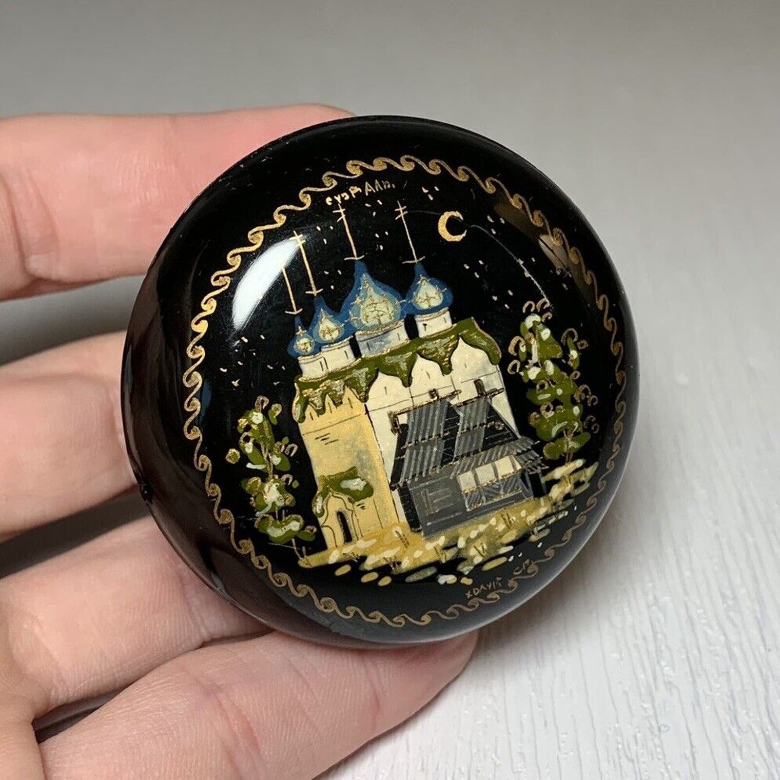 Hand Painted Russian Cathedral Palekh Lacquer Ware Trinket Box 2.25 ...