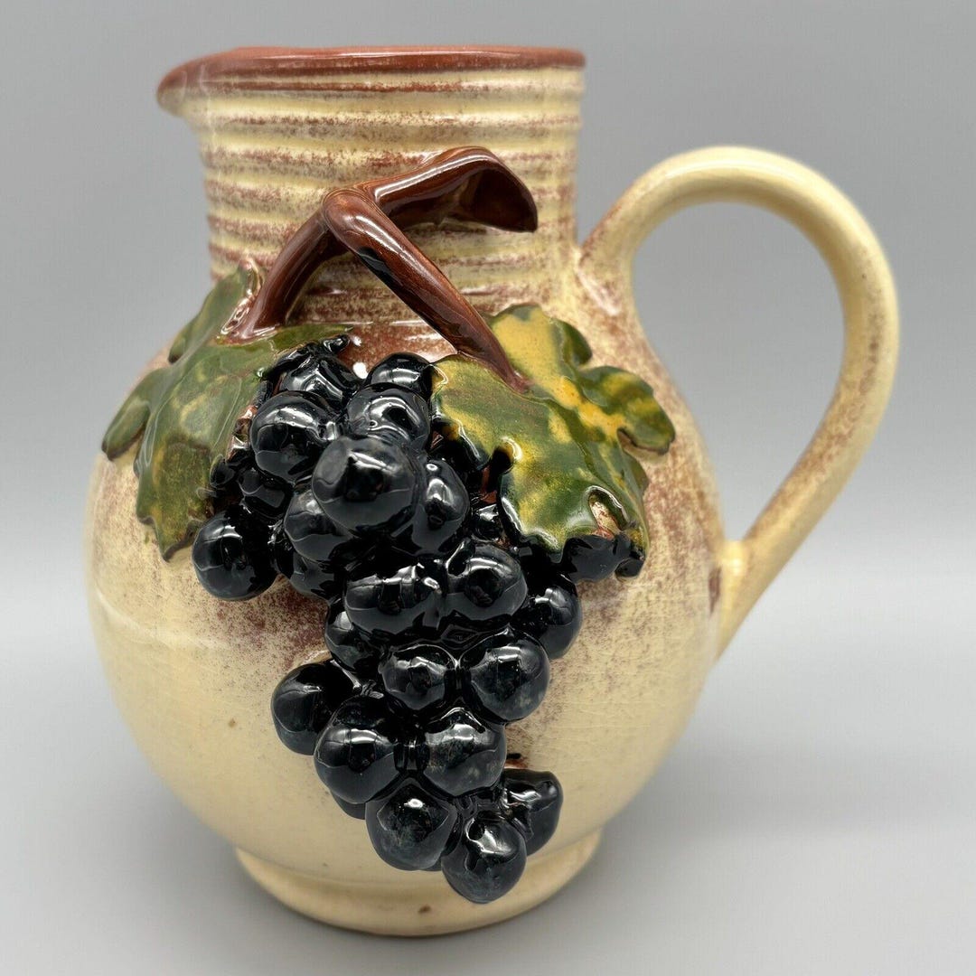 Vintage French Redware Applied 3D Grape Vine Handled Pitcher 6" Signed ...