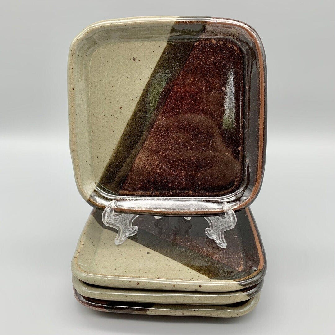 Set of 4 Art Pottery Brown Stripe Speckled Glaze Square Side Plates 5.5 ...