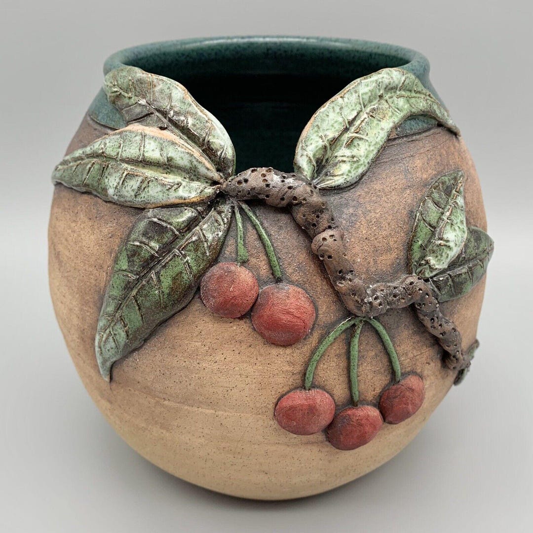 Vintage Old Patagonia Pottery Applied Cherries on Branch 5.75" Vase ...