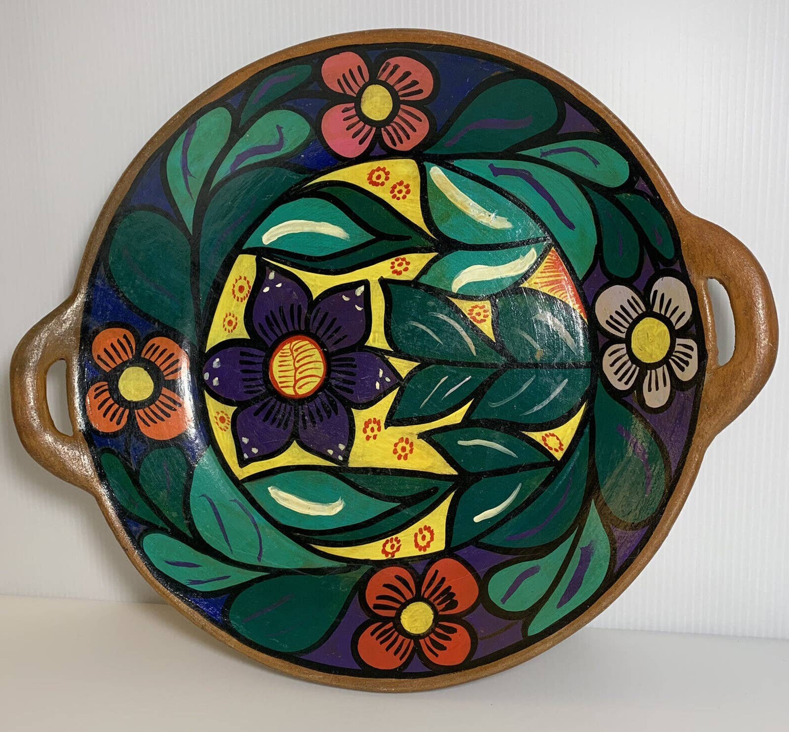 Vintage Mexican Folk Art Redware Pottery Handled Floral Painted Serving ...