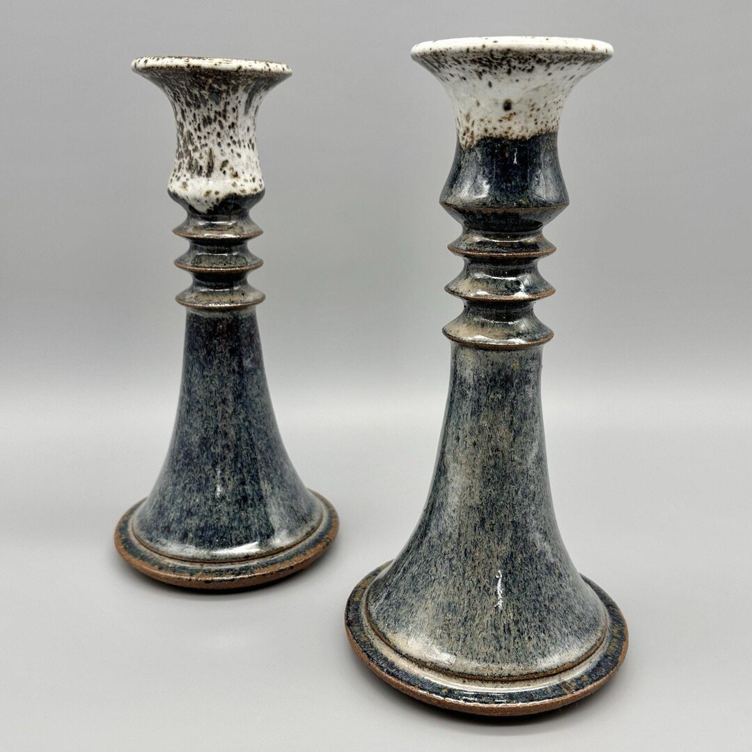 Mahon Pottery Blue & White Drip Glaze Modern Ribbed Column ...