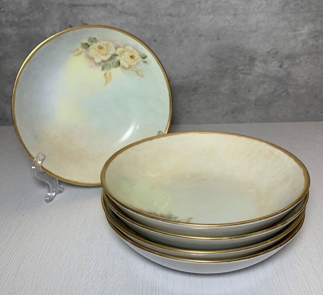 Set of 5 Vintage Hand Painted Gold Trim Floral Berry Bowls 5.5 Artist ...