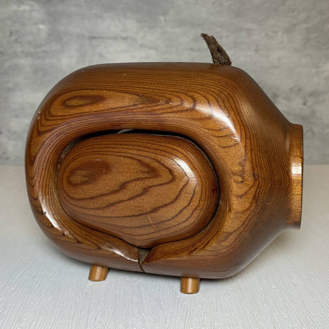 Vintage Hand Carved Redwood Pig Figurine Sliding Drawer Trinket Box 5.5 ...