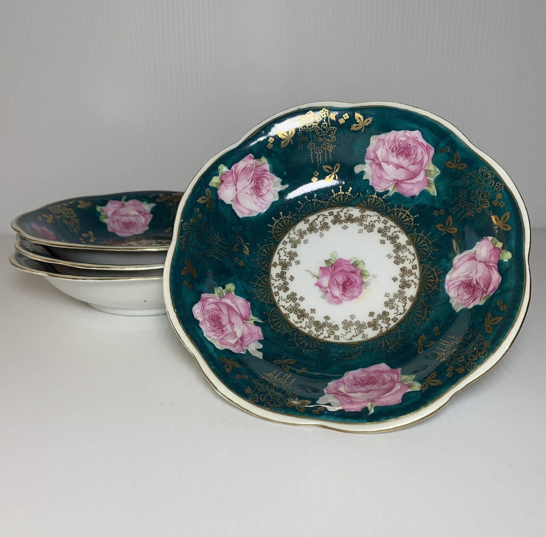 Set of 4 Vintage Elbogen Austria Hand Painted Emerald Bridal Rose Berry ...
