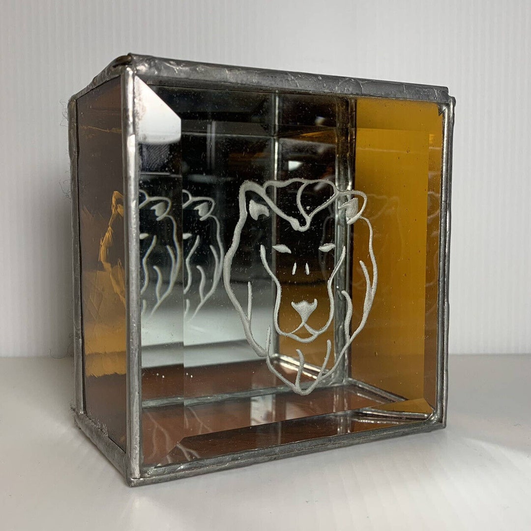 Vintage Orange Amber Stained Glass Lidded Box W/ Etched Lion 4" Artist ...