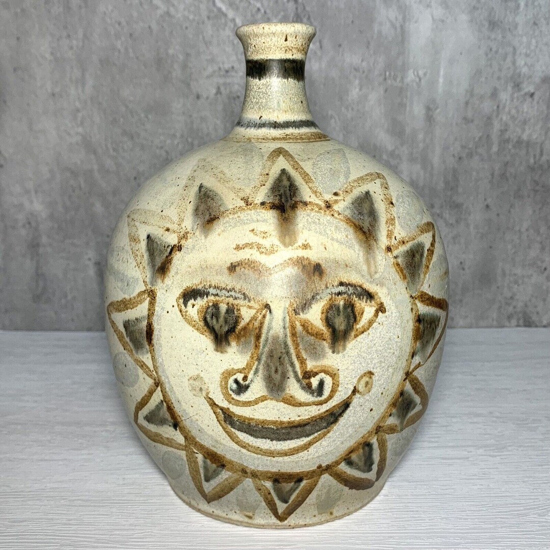 Studio Art Pottery Hand Painted Smiling Sun Face Jug 8.75" Signed Larry ...