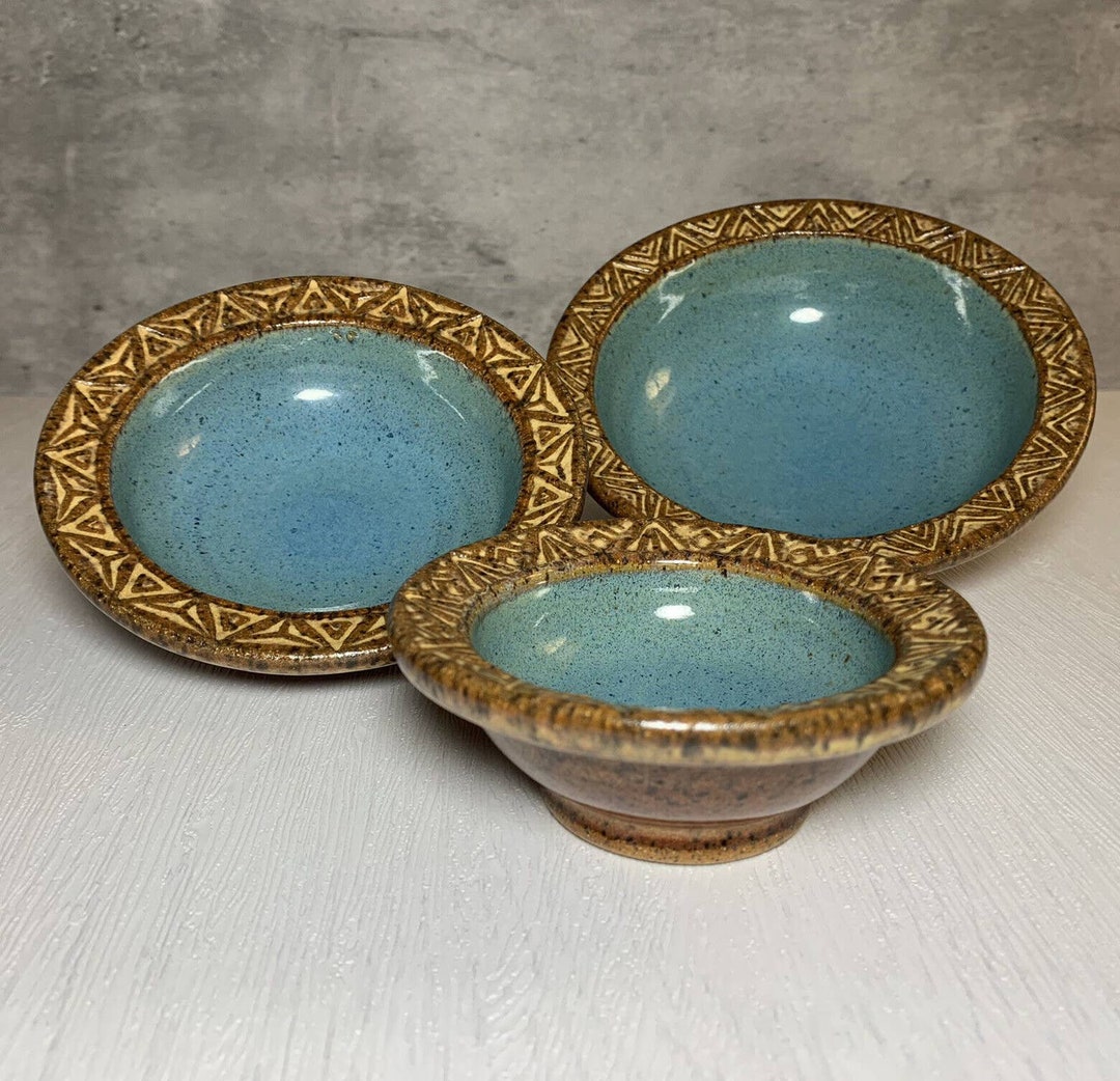 Trio of Studio Art Pottery Tribal Embossed Blue Interior Nesting Bowls ...