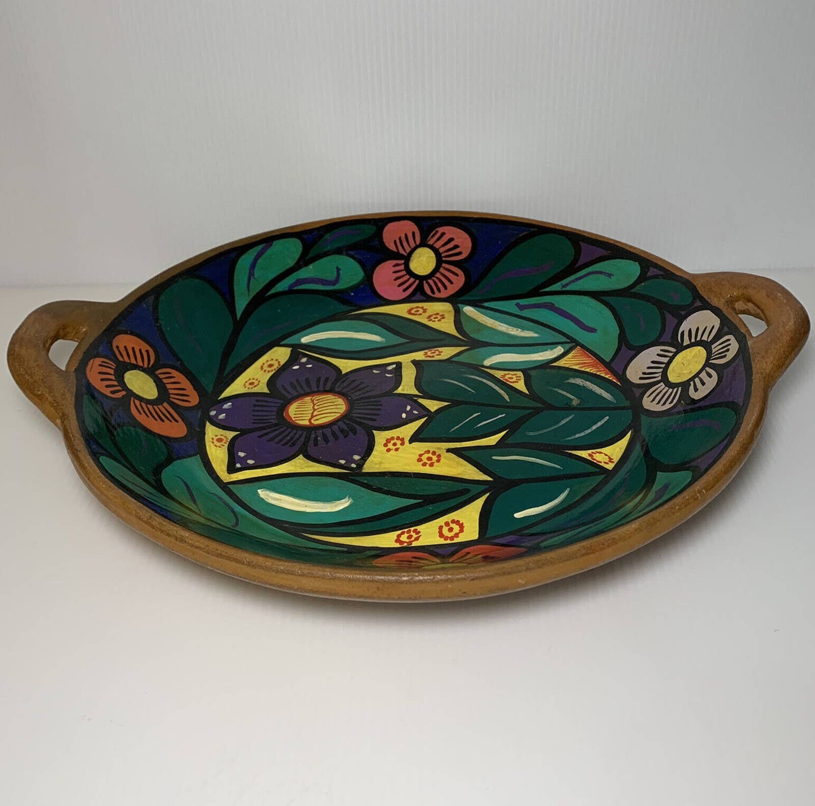 Vintage Mexican Folk Art Redware Pottery Handled Floral Painted Serving ...