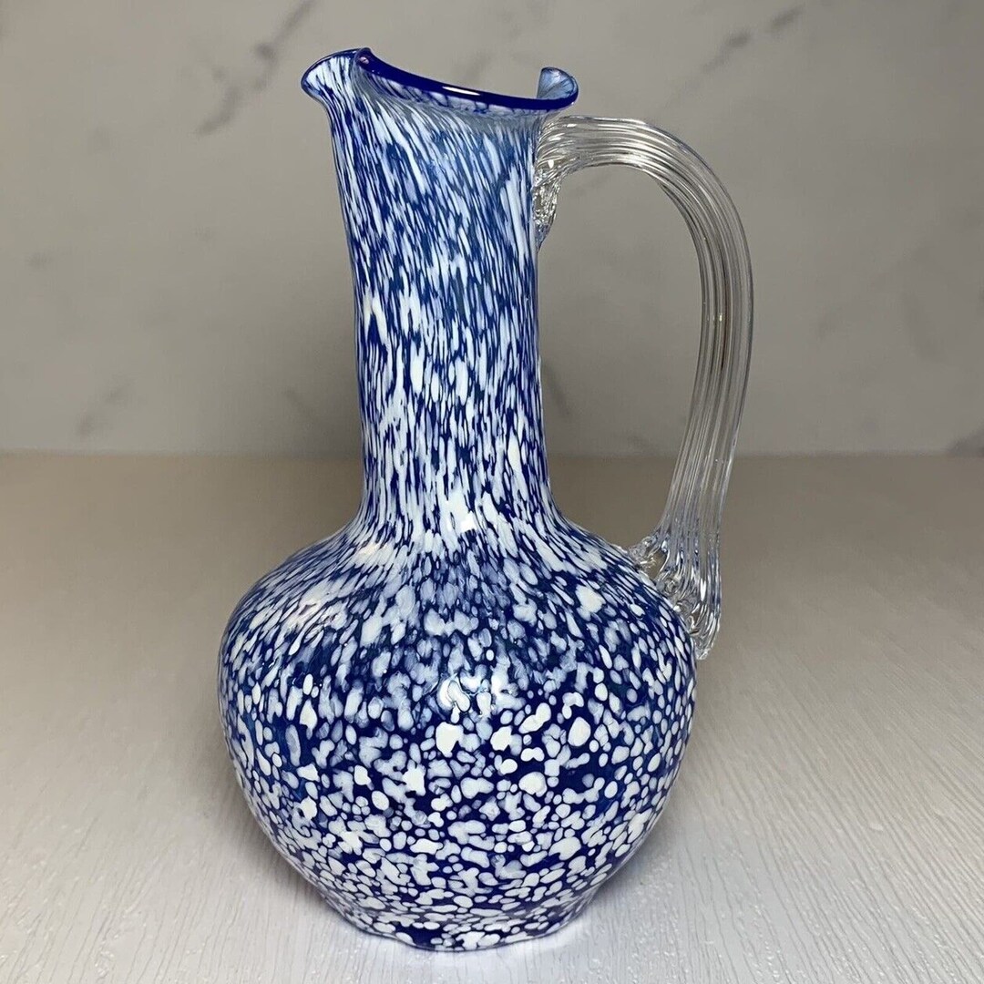Vintage Pilgrim Glass Blue & White Scavo Confetti Mini Pitcher 5 ...