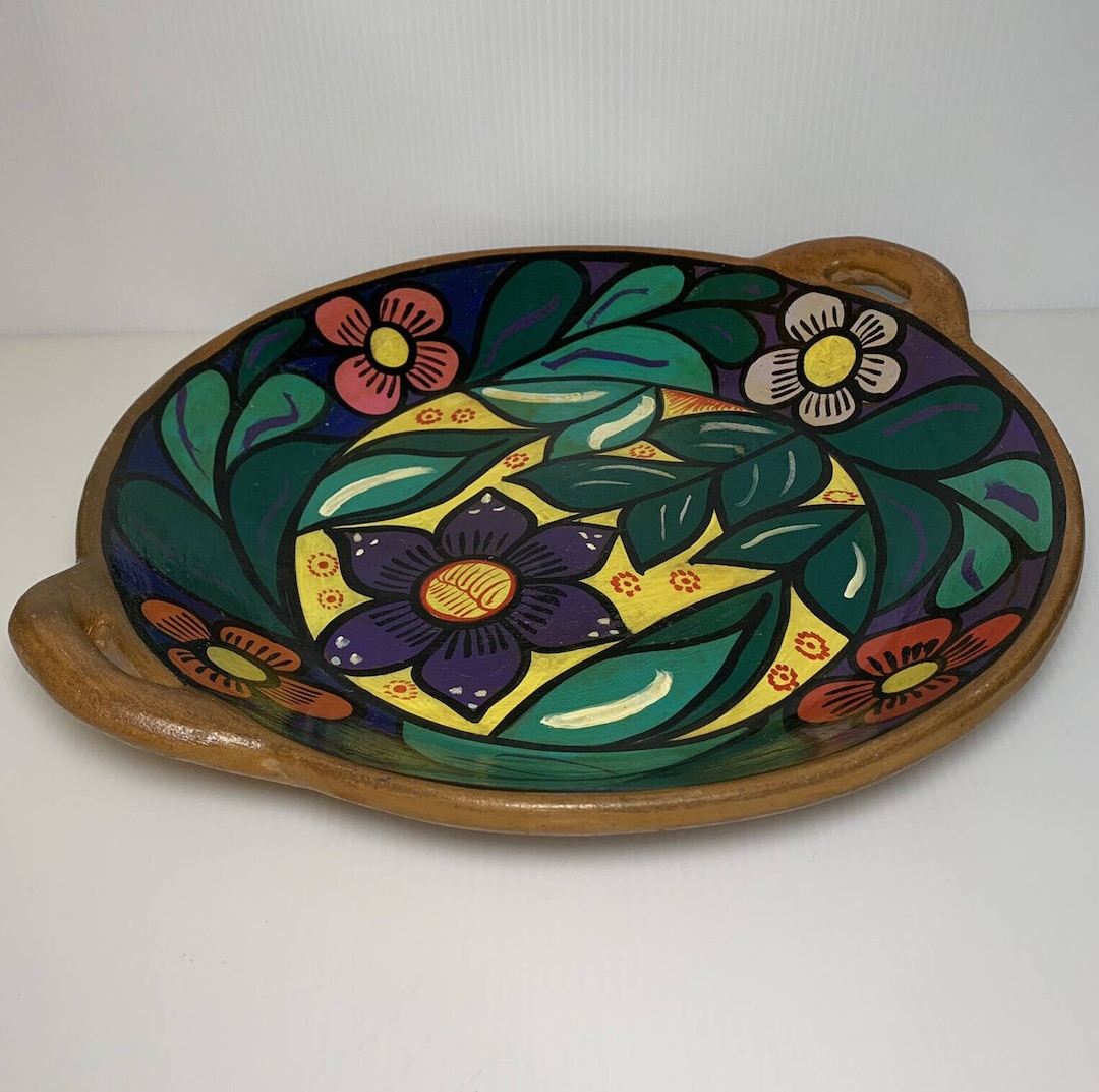 Vintage Mexican Folk Art Redware Pottery Handled Floral Painted Serving ...