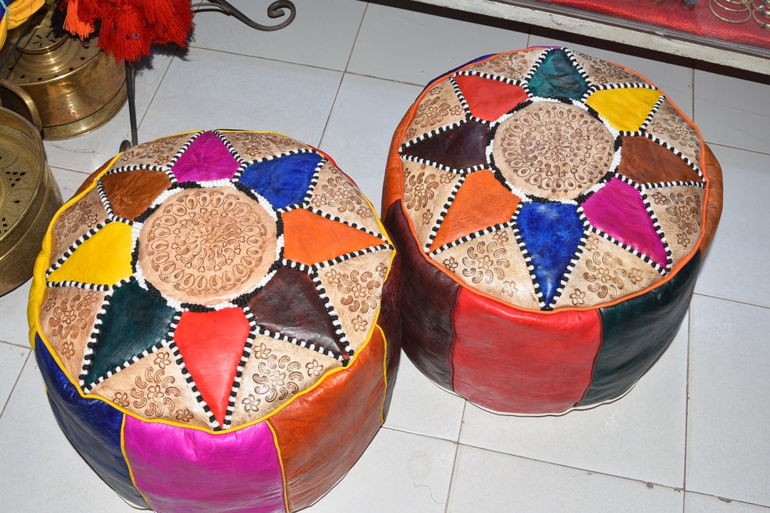 Moroccan Oiledtan Leather Pouf With Embroidered Design, Ottoman ,footstool Leather Round Poufs ...
