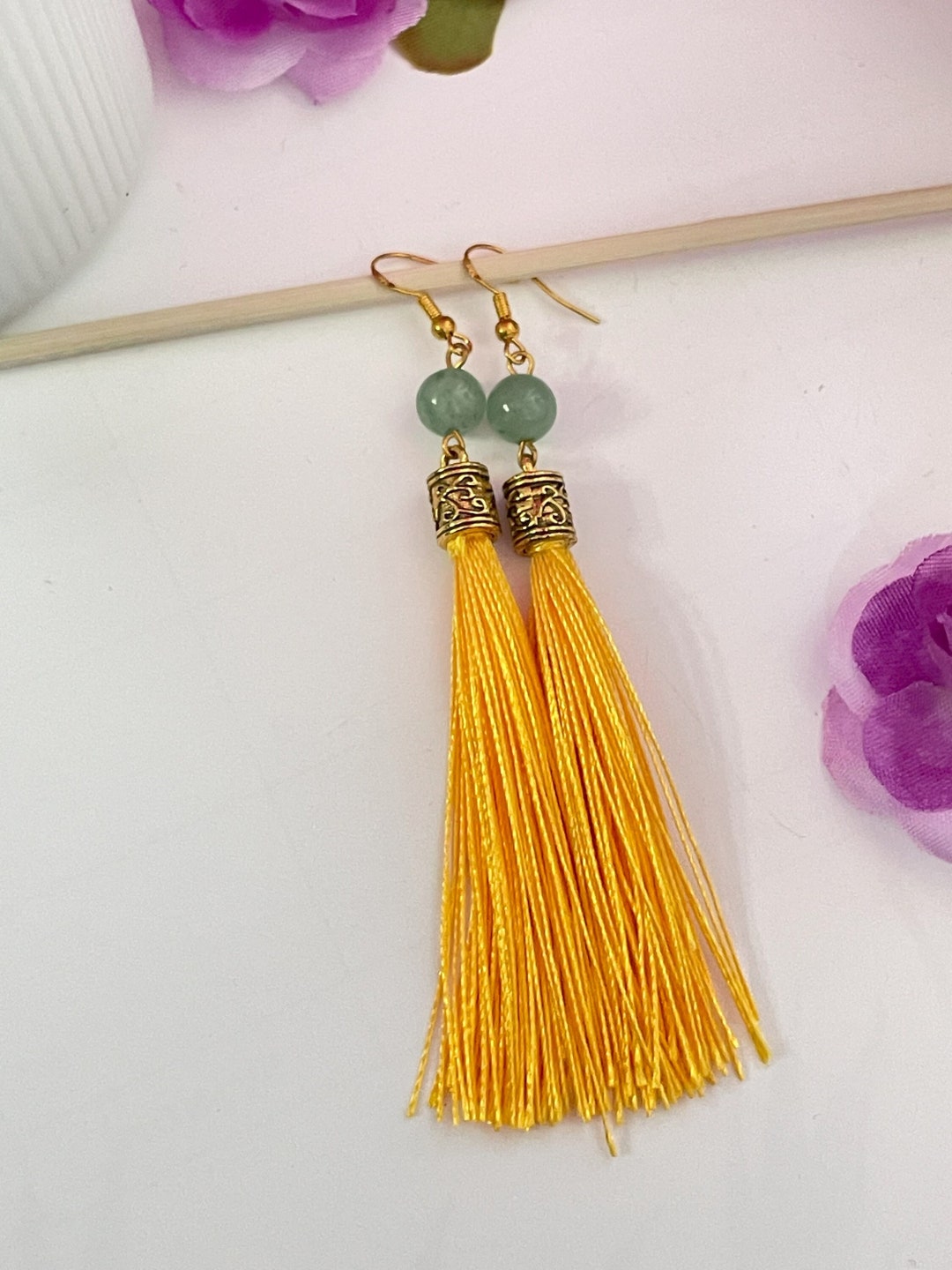 Yona Earrings With Jade Beads and Orange Gold Tassels - Etsy