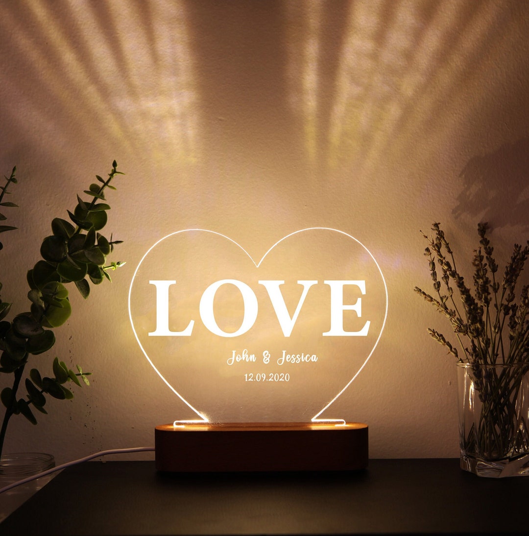 Personalized Acrylic Light With Names - Heart Night Light - Anniversary ...