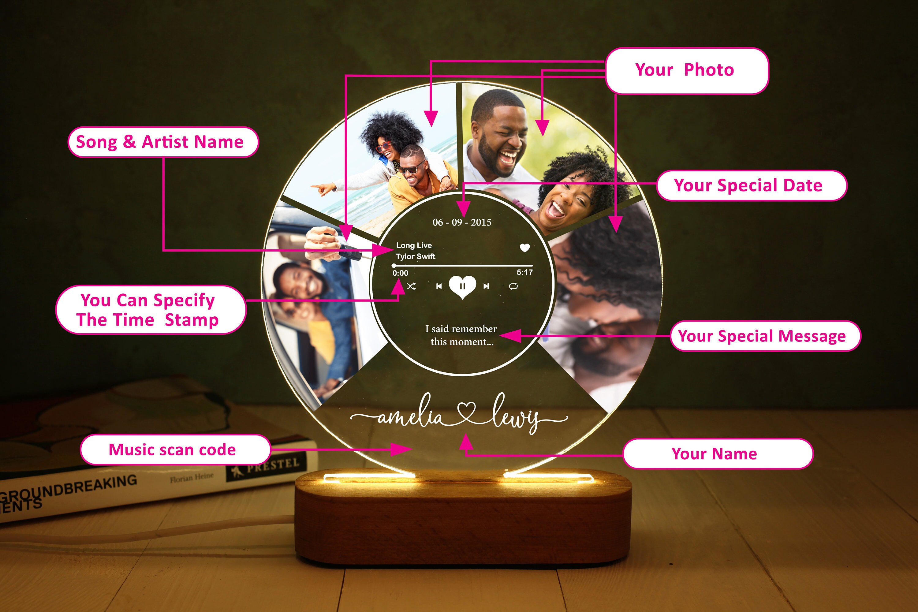 Custom Music Plaque With Photos, Personalized Photo Night Light Plaque ...