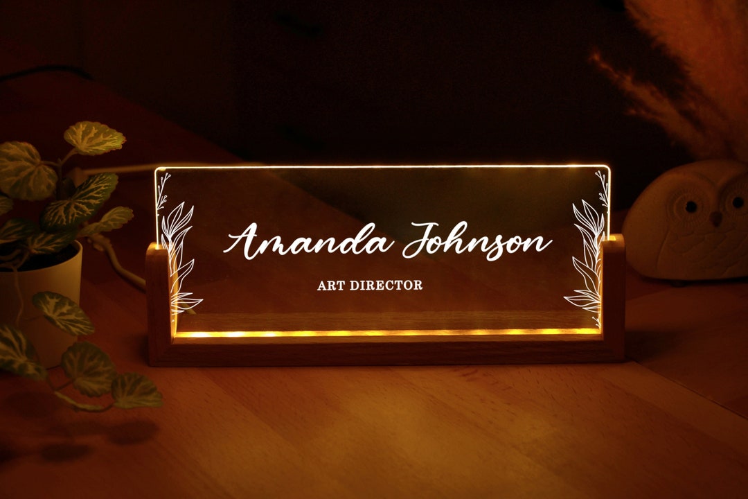 Personalized Desk Name Plate With Wooden Base - Lighted Acrylic ...