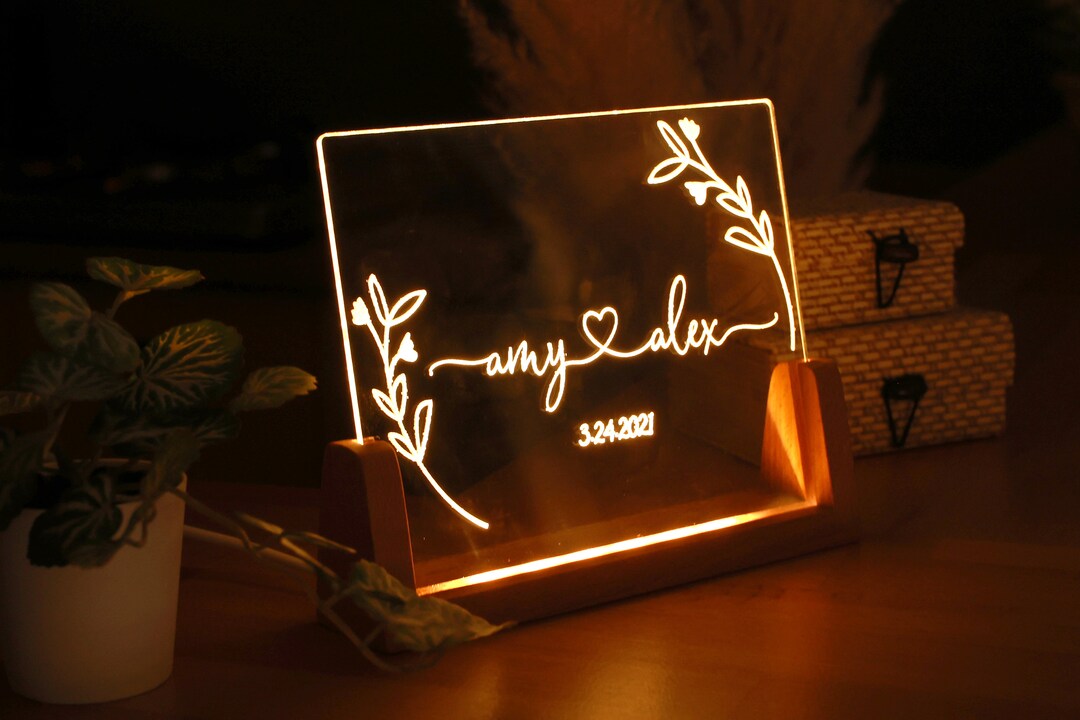 Personalized Floral Couple Name Plexi Night Light - Custom LED Lamp for ...