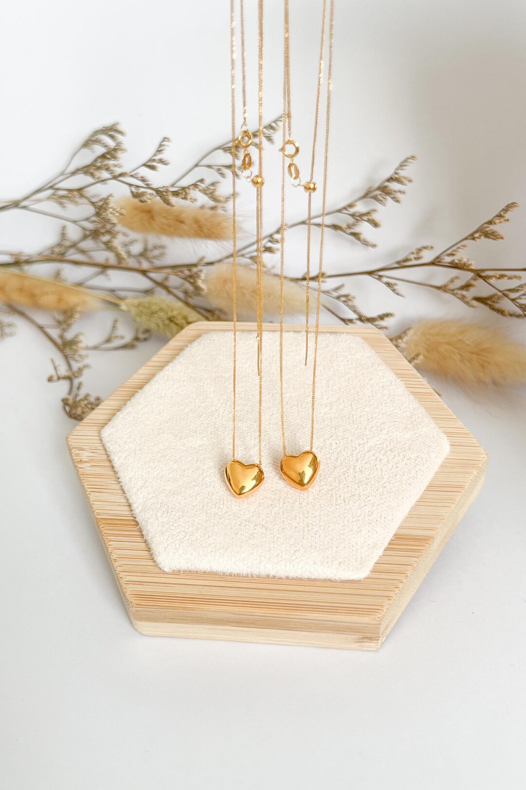 18K Solid Gold Puffed Heart 2-way Lock Necklace, Adjustable, Valentines ...