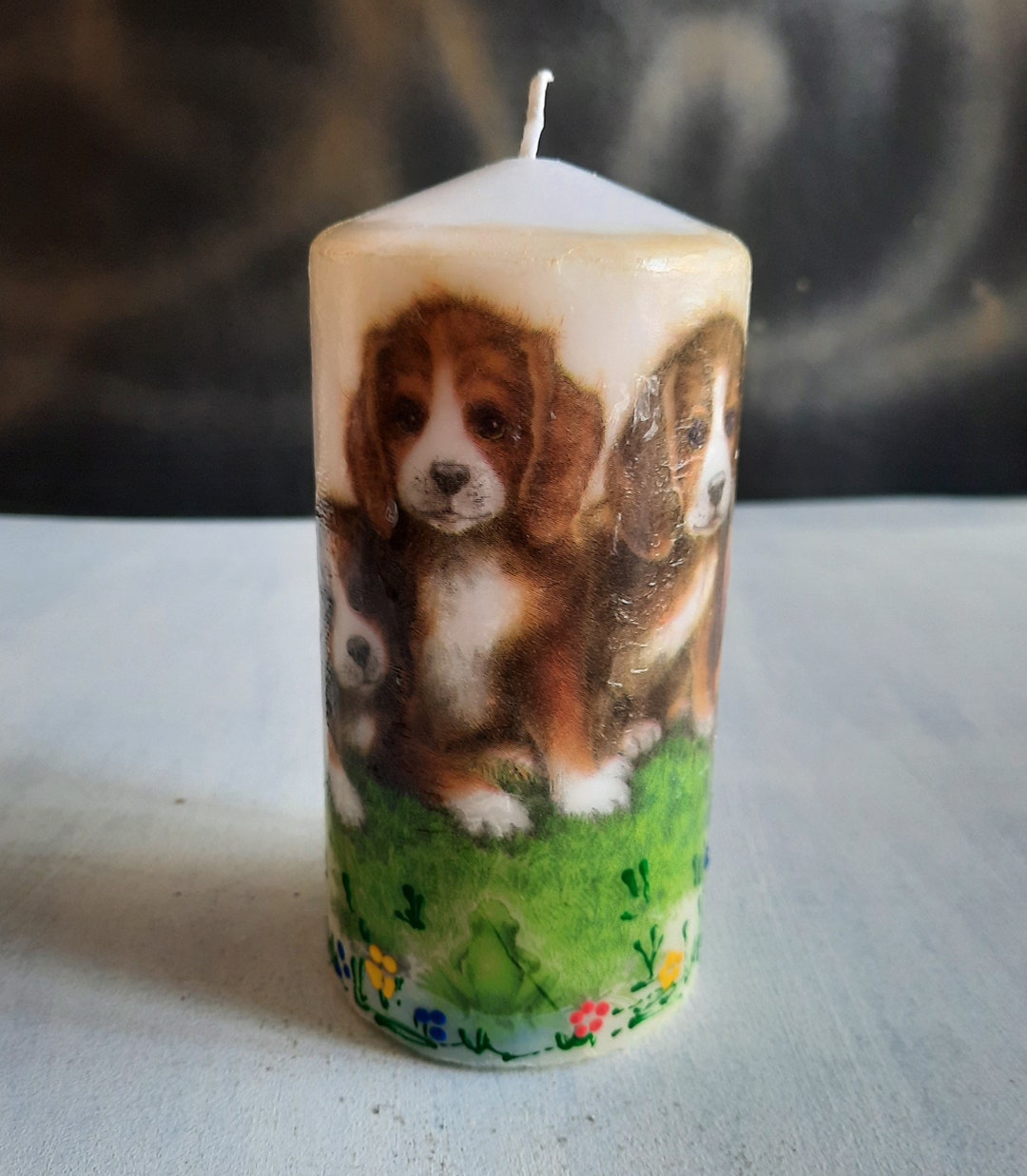 Candle Little Cute Dogs. Hand Decorated Pillar Candle. Dogs on the ...