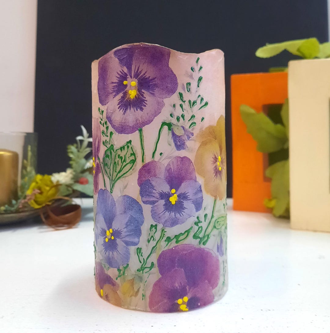 Flameless Candle Purple Violets, LED Candle Meadow of Yellow Violets ...