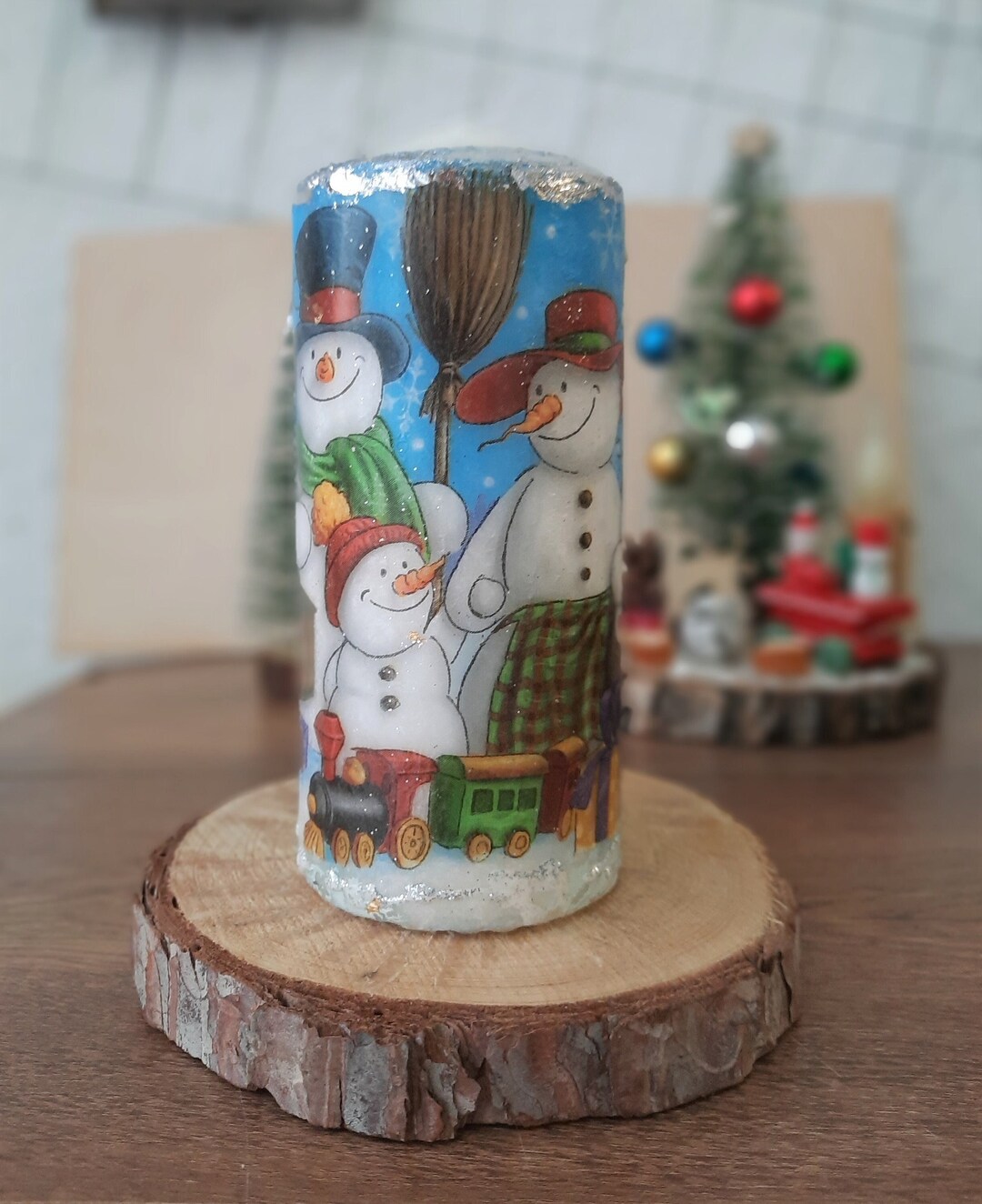 Snowman Family Candle. Christmas Pillar Candle, Hand Decorated, Art ...
