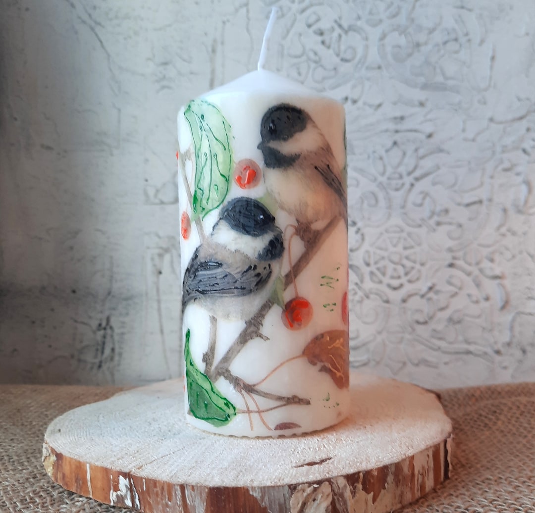 Decoupage Candle Birds. Decorative Pillar Candle. Art Candle Birds in ...