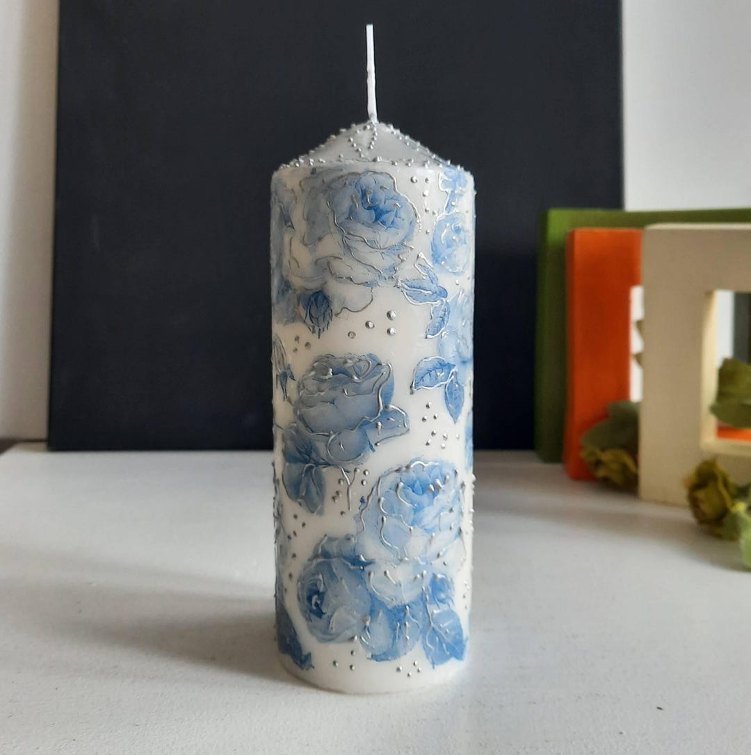 Hand-decorated Blue Rose Candle, Decoupage Pillar Candle, Floral ...